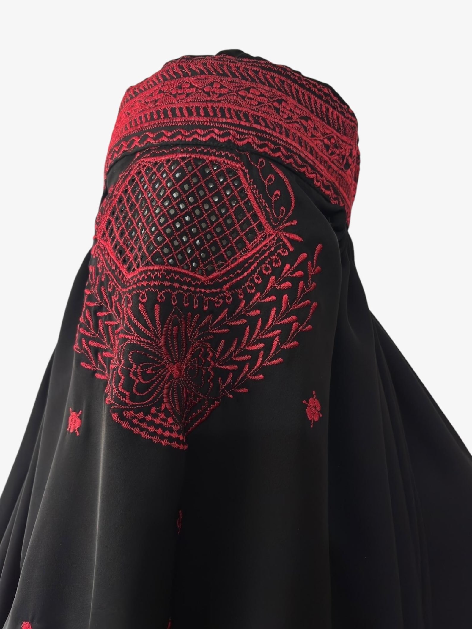Black Afghan Topi Burqa With Red Embroidery: Nida Fabric Chadri Jilbab ...