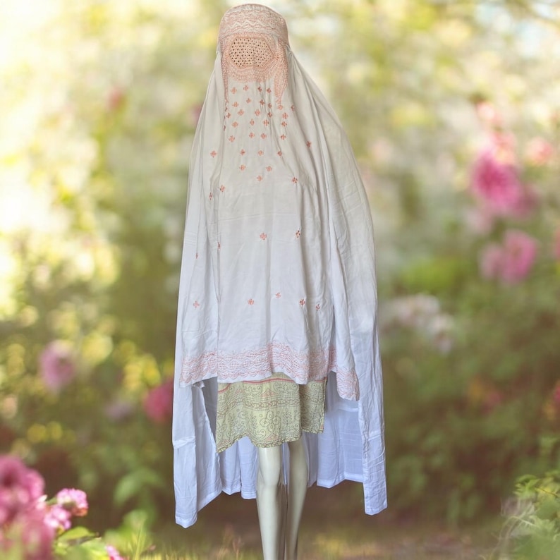 Afghan Topi Burqa, White Breathable Linen Chadri With Pink Embroidery ...