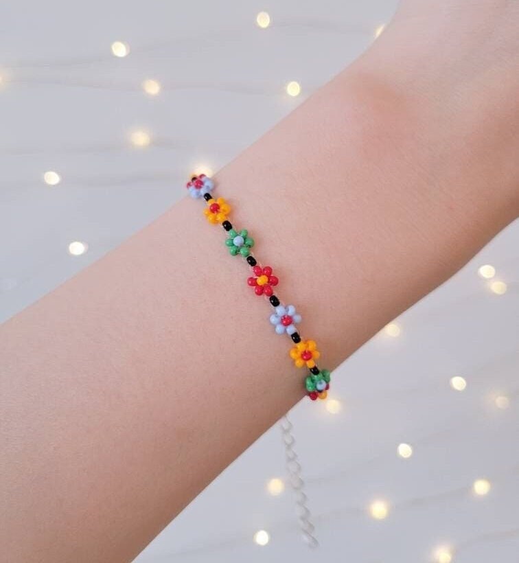 Floral Chain Bracelet, Cute Beaded Bracelet, Kpop Style Beaded Bracelet ...