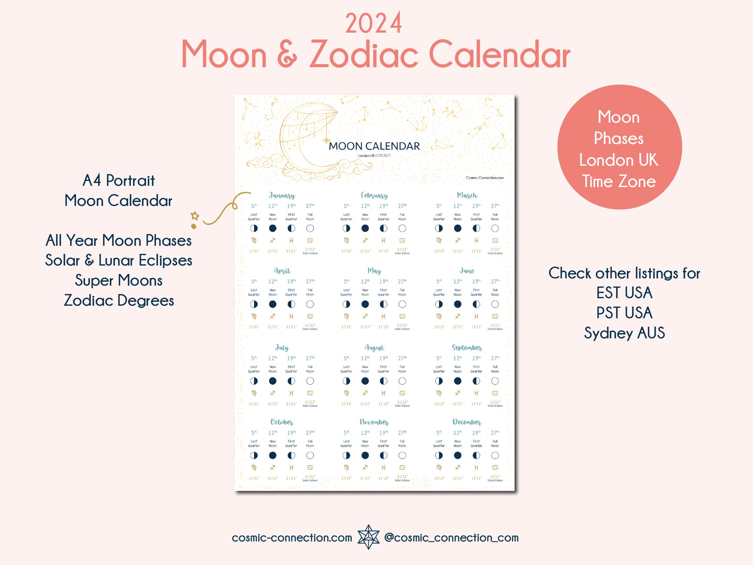 2024 Moon Phase & Zodiac Calendar GMT UK, Lunar Calendar, Printable ...