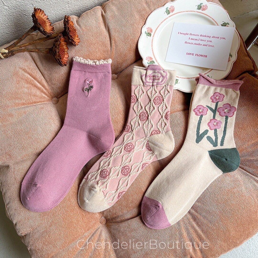 Rose Pink Novelty Cotton Crew Socks Cute Floral Socks Great - Etsy