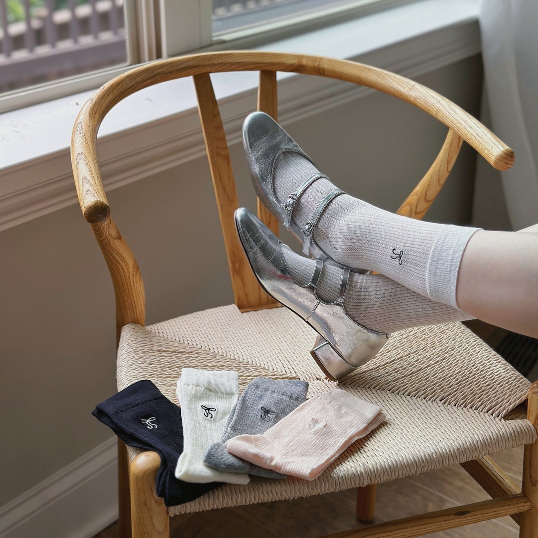 Ballet Y2K Thin Socks, Bow Embroidery Retro Style Crew Socks, Novelty ...