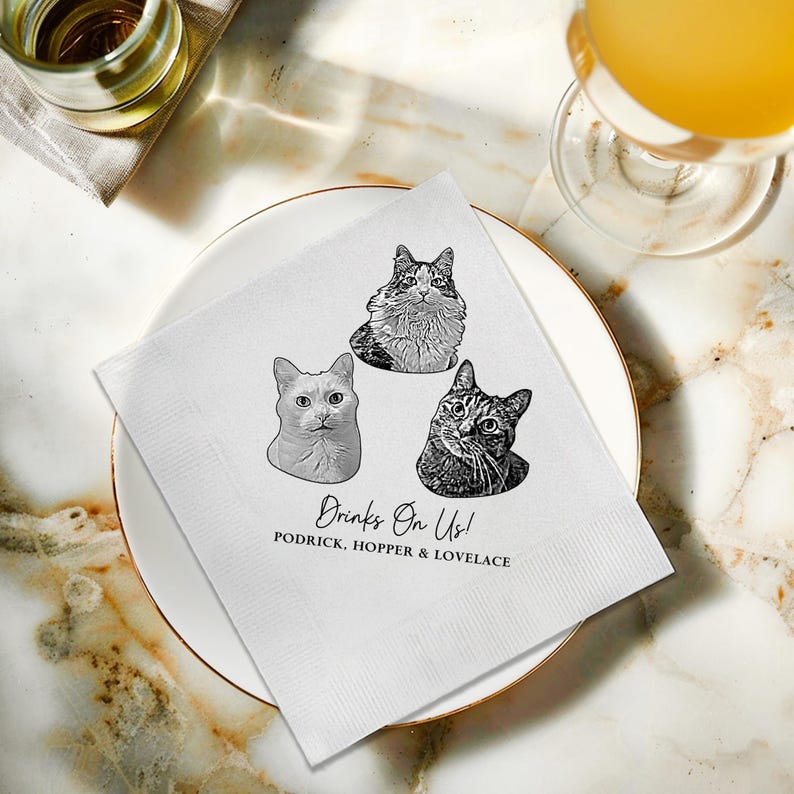 Personalized Illustrated Cat Wedding Napkins, Dog Napkins, Engagement ...
