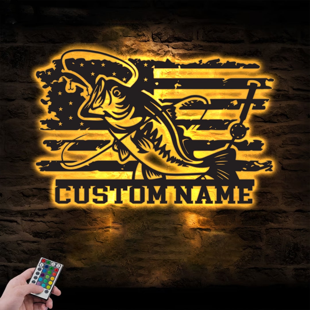 Custom American Flag Bass Fishing Metal Sign With LED Lights, Fishing ...