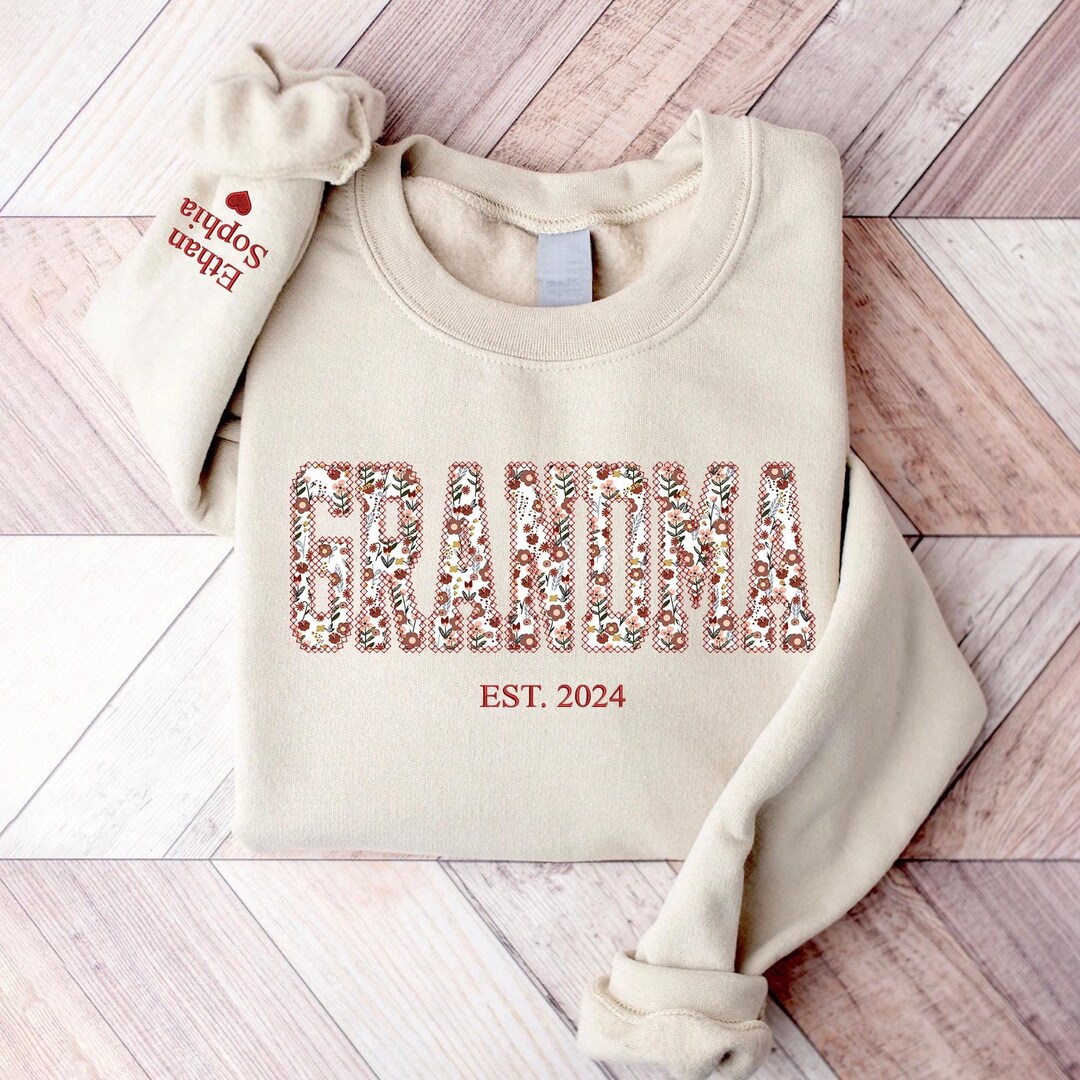 Custom Grandma Floral Applique Embroidered Sweatshirt, Personalized ...