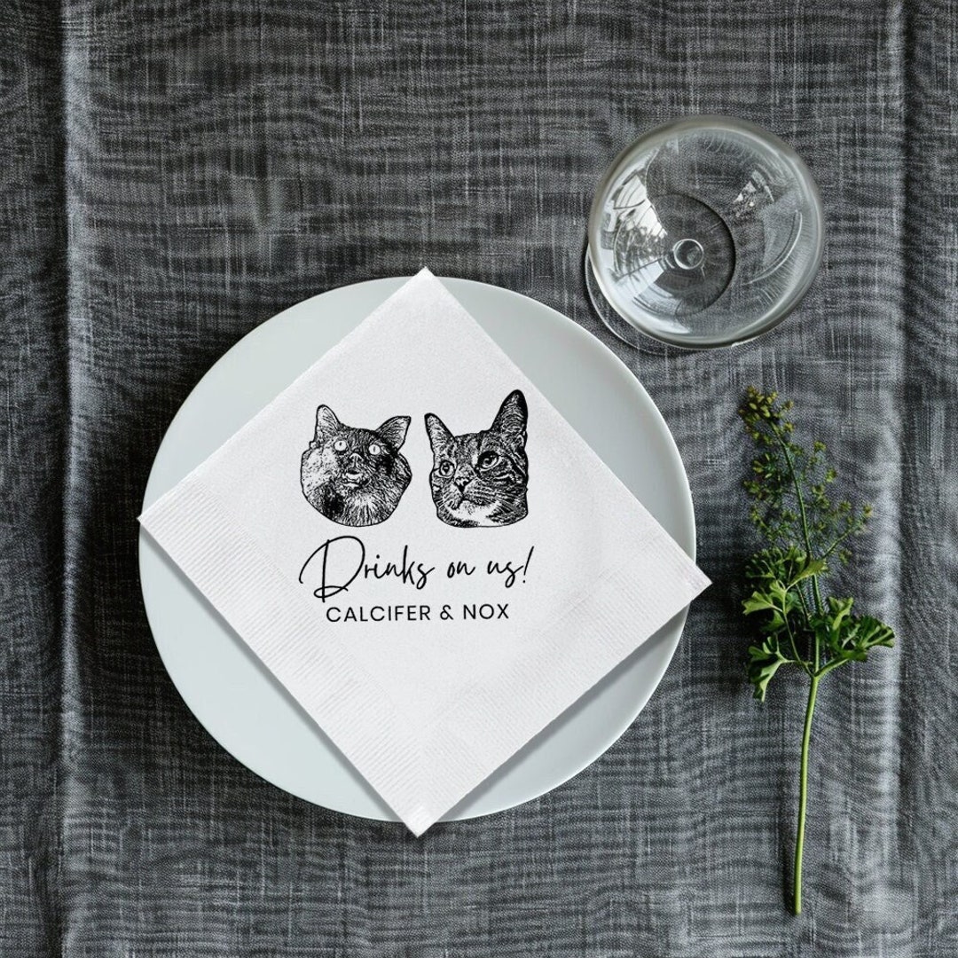Personalized Illustrated Cat Photo Napkins, Engagement Party Cat ...