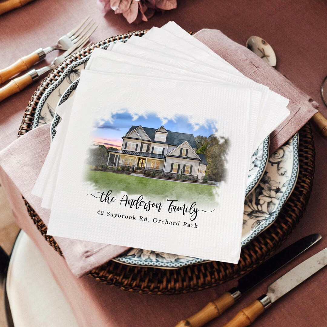 Personalized House Portrait Napkins With Name, Housewarming Gift for ...