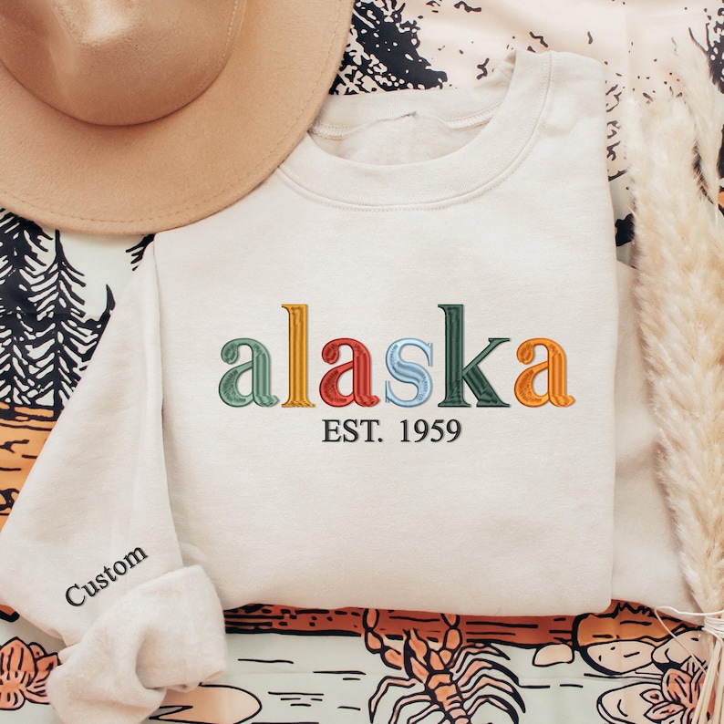 Embroidered Alaska Sweatshirt, Alaska State Crewneck Pullover, Alaska ...