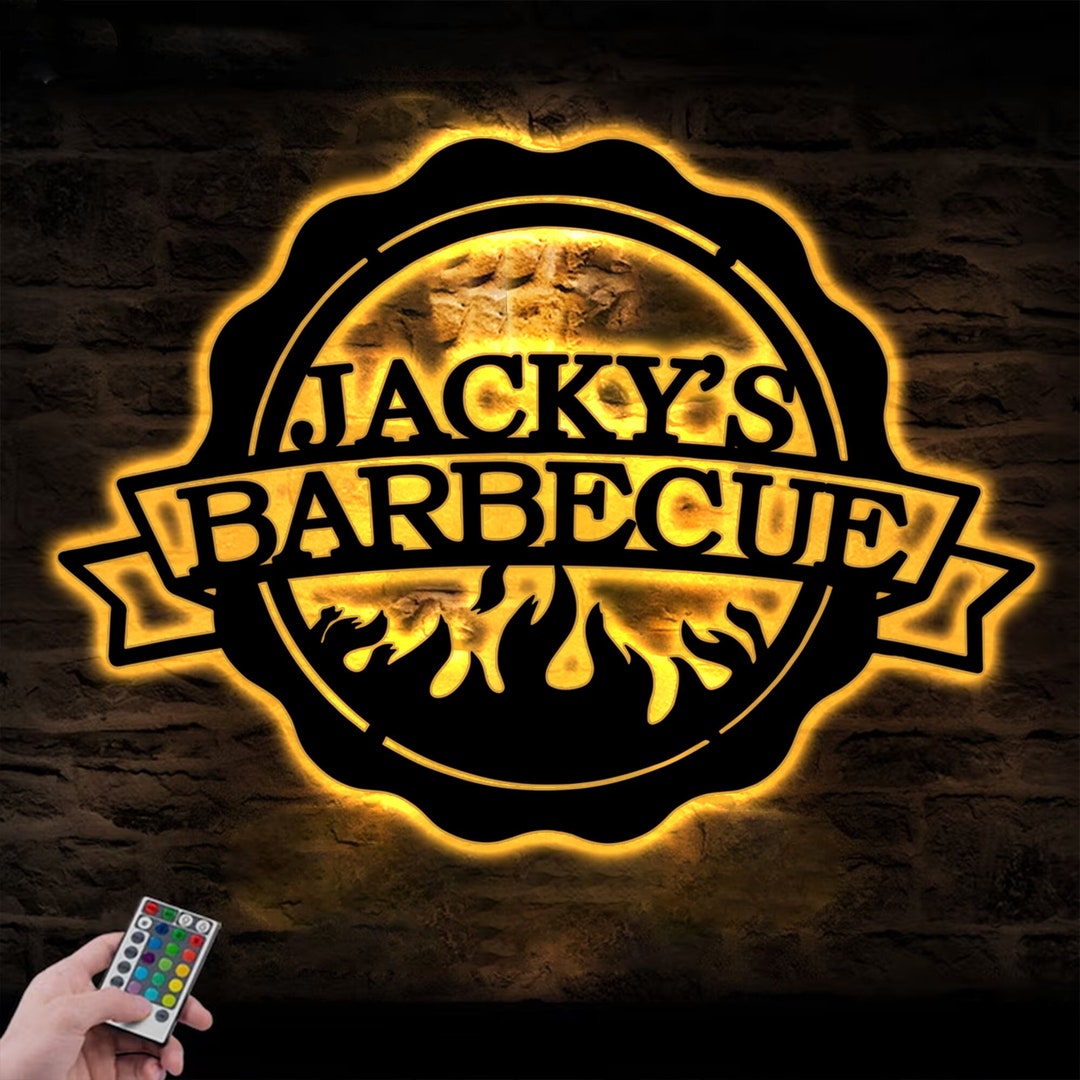 Personalized Name BBQ Metal Sign With Led Lights, Custom Barbecue Sign ...