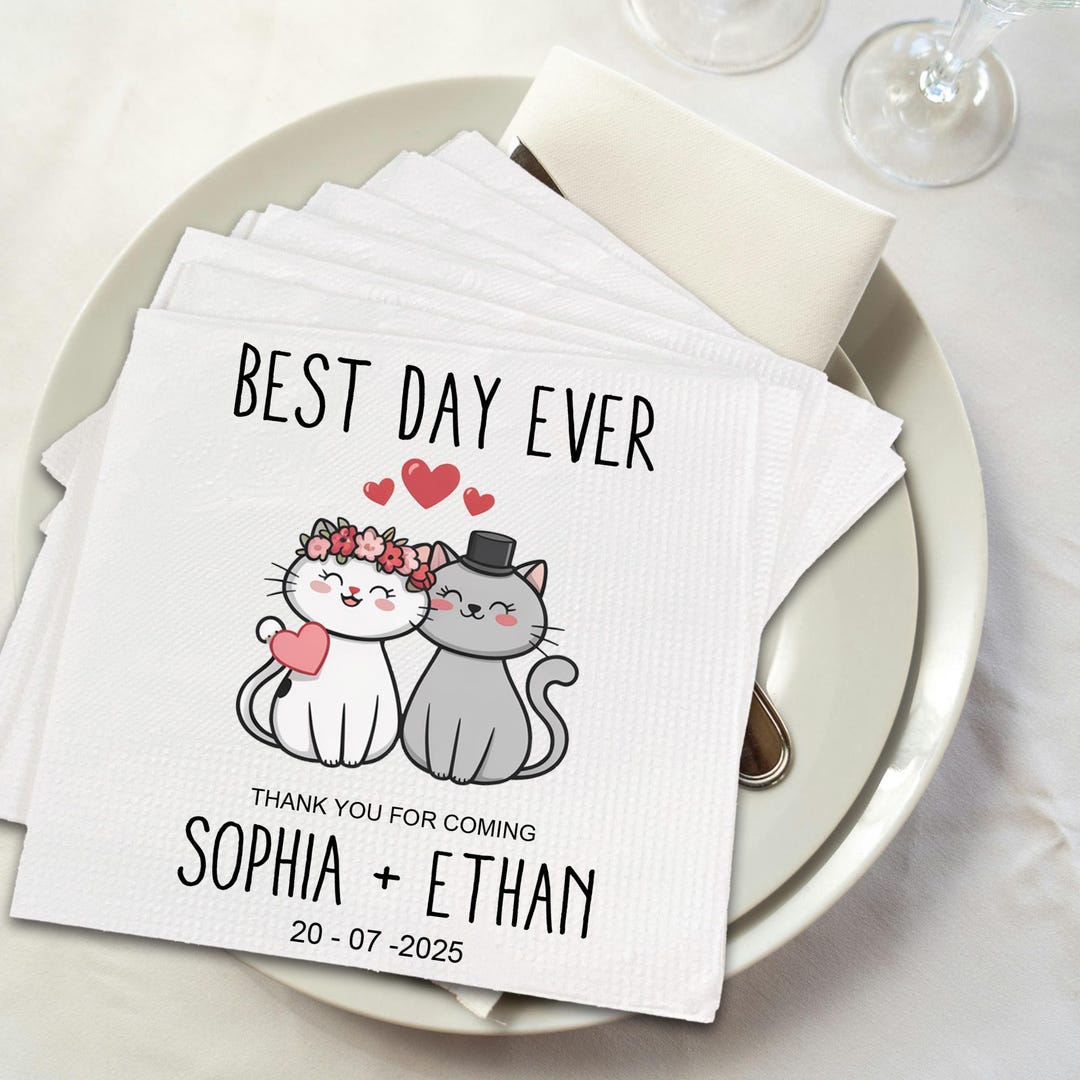 Cute Cat Bride and Groom Wedding Napkins, Custom Personalized Party ...