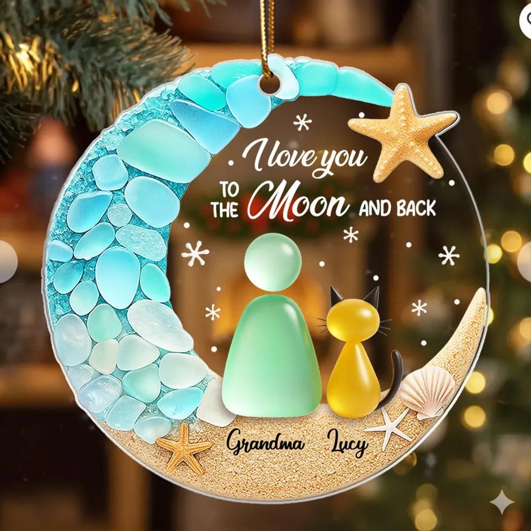 Cat and Owner on the Moon Sea Glass - Personalized Acrylic Ornament ...