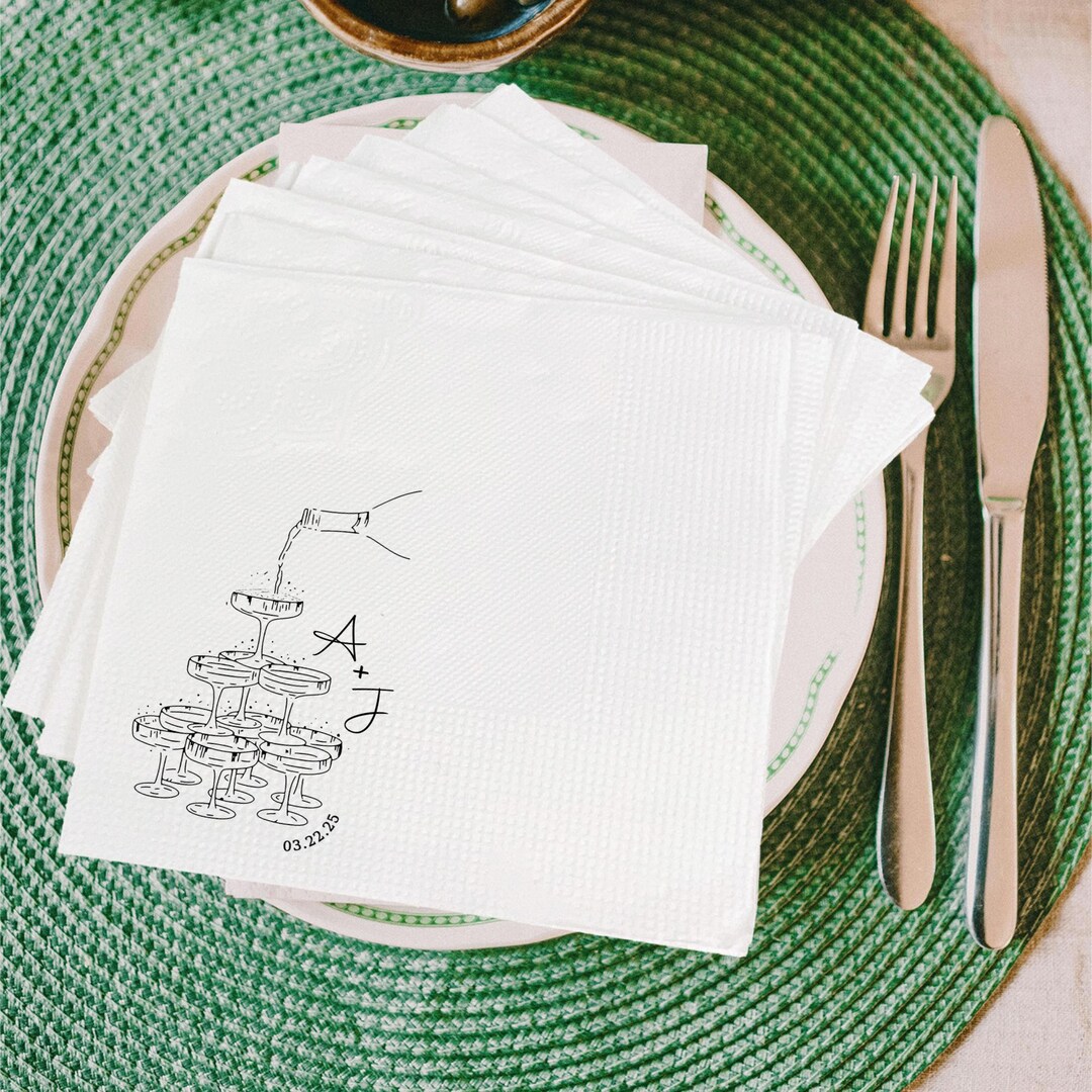 Custom Champagne Tower Wedding Napkins, Personalized Cocktail Napkins ...