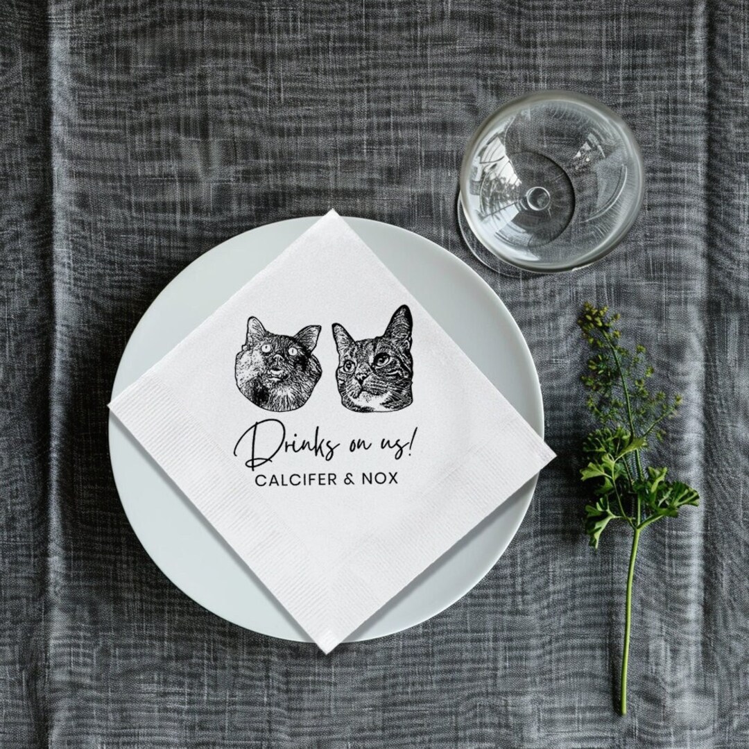 Personalized Illustrated Cat Photo Napkins, Engagement Party Cat ...