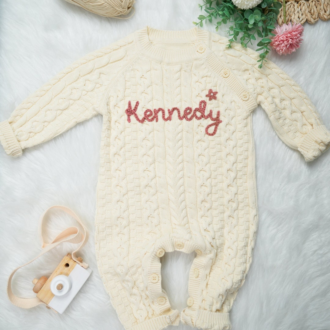 Custom Embroidered Baby Sweater Romper, Baby Name Jumpsuit, Knit Name ...
