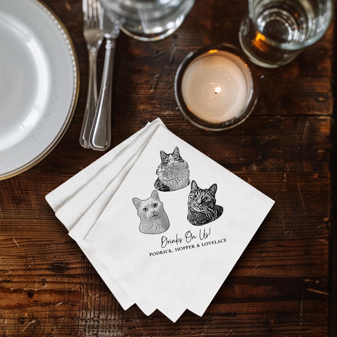 Personalized Illustrated Cat Wedding Napkins, Dog Napkins, Engagement ...