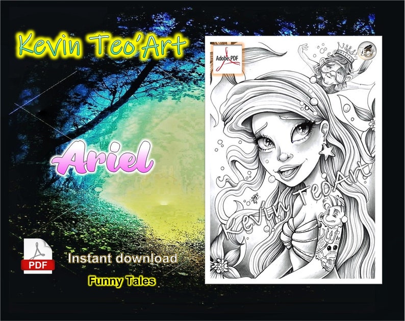 Ariel / Kevin Teoart / Coloring Page / Grayscale Illustration - Etsy