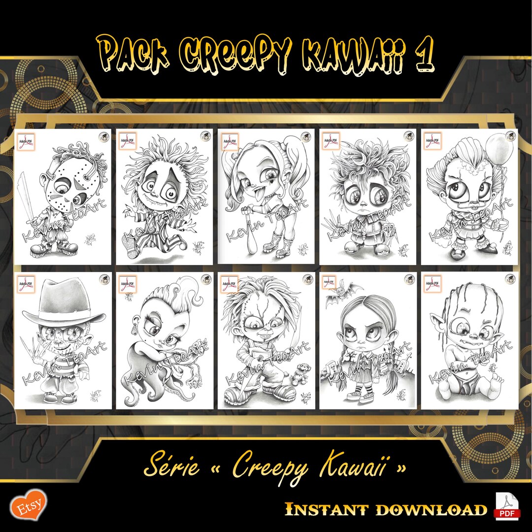 Pack Creepy Kawaii / Kevin TeoArt / Page de coloriage / Grayscale ...