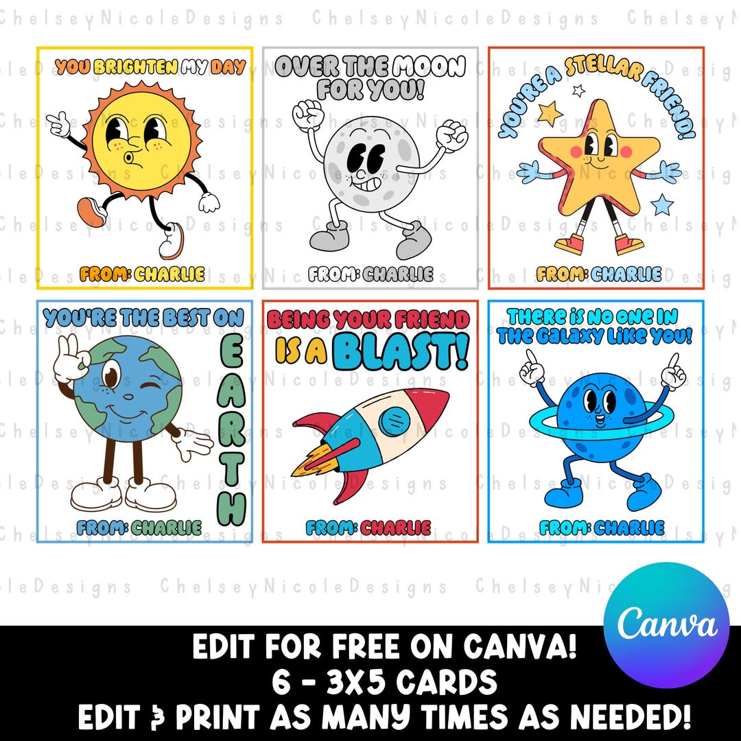 Space, Retro Planets Card Canva Template Print and Cut at Home Custom ...