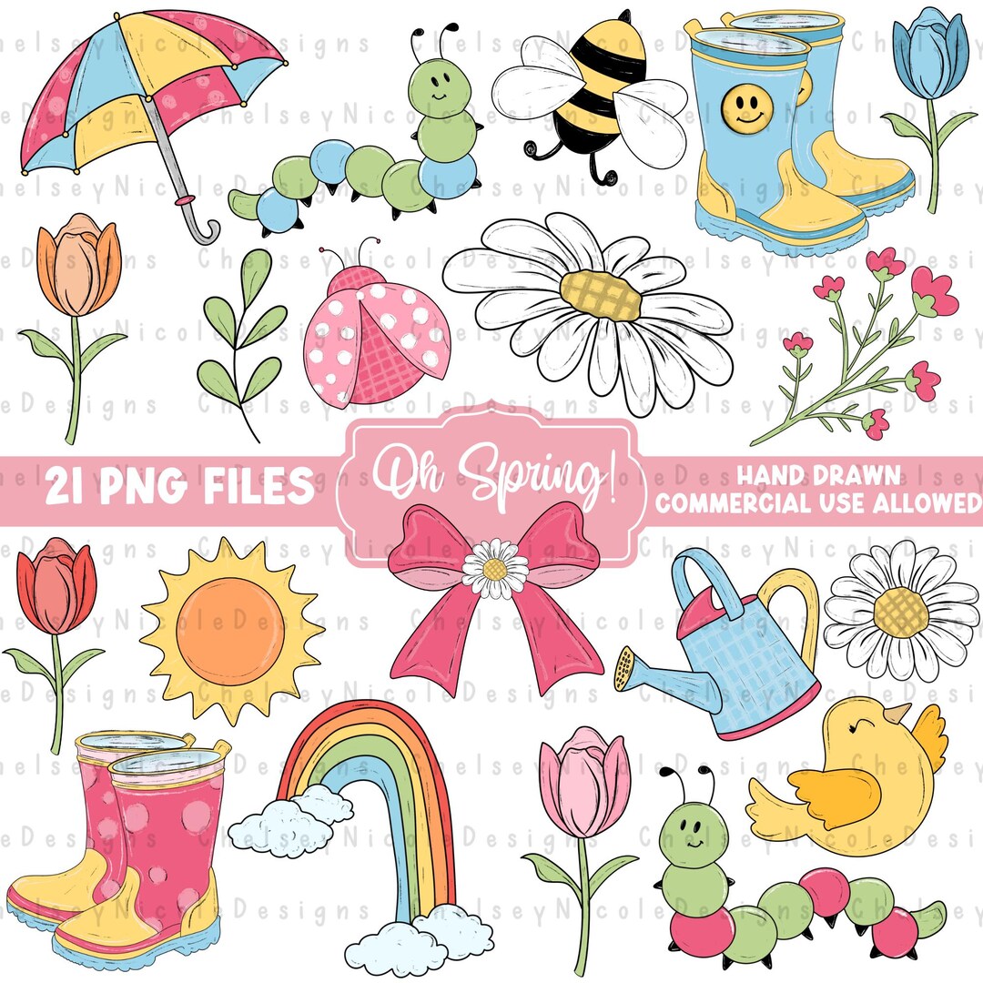 Oh Spring Clip Art Bundle - 21 Hand Drawn PNG Designs - Spring Clipart ...