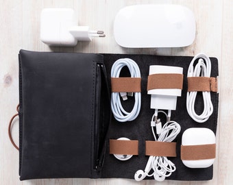 Custom Leather Cable Organizer Bag, Cable and Charger Organizer, Travel ...