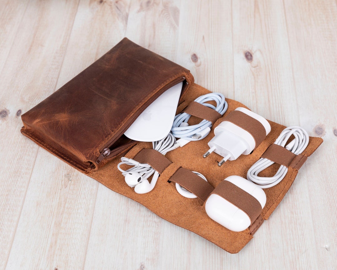 Custom Leather Cable Organizer Bag, Cable and Charger Organizer, Travel ...