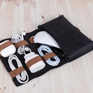 Custom Leather Cable Organizer Bag, Cable and Charger Organizer, Travel ...