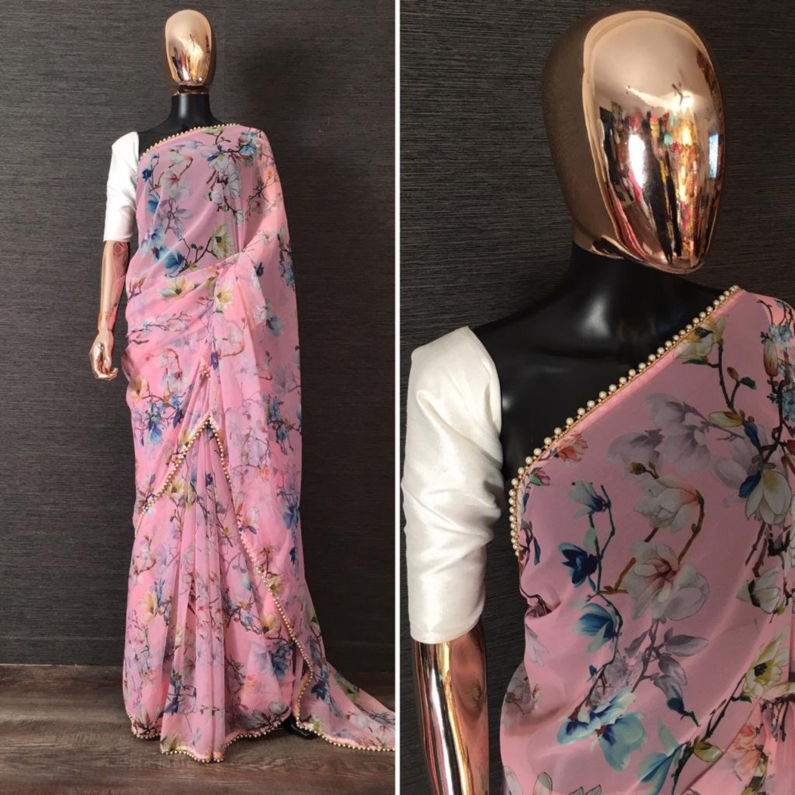 Traditional Indian Georgette Saree Work Printed With Pearl Lace Border ...