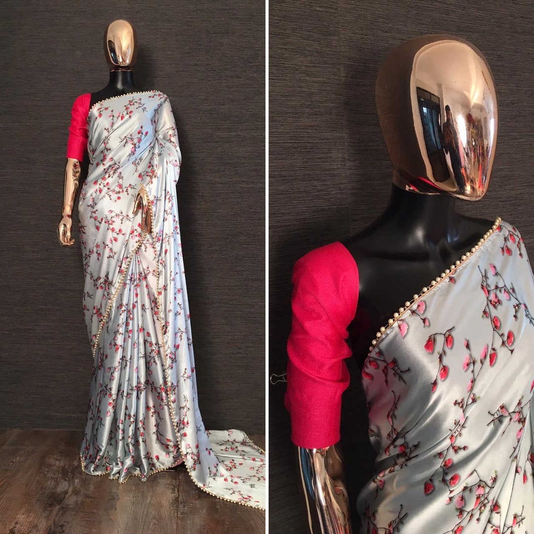 Beautiful Heavy Japan Satin Saree Work Printed Pearl Lace - Etsy