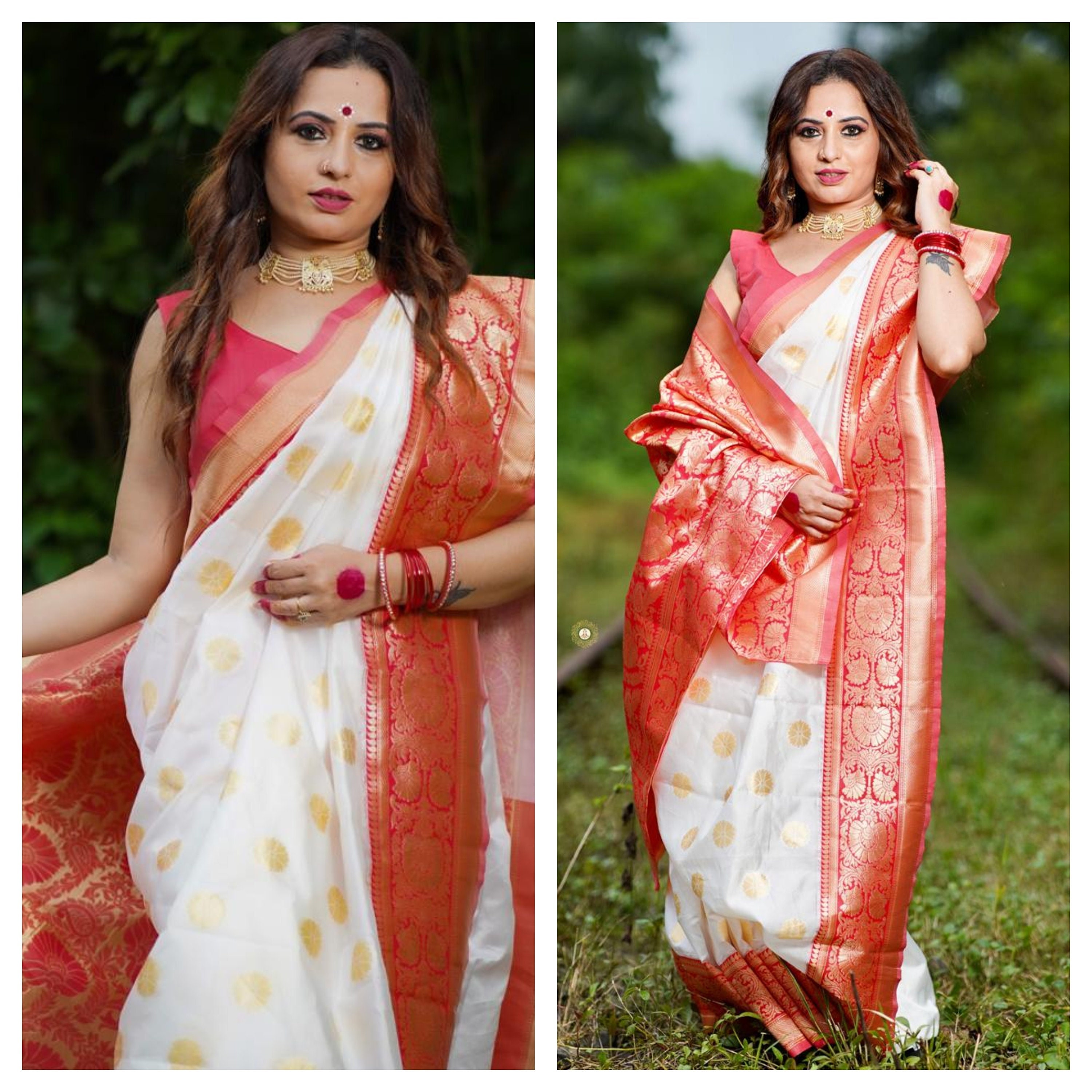 Traditional White And Red Saree