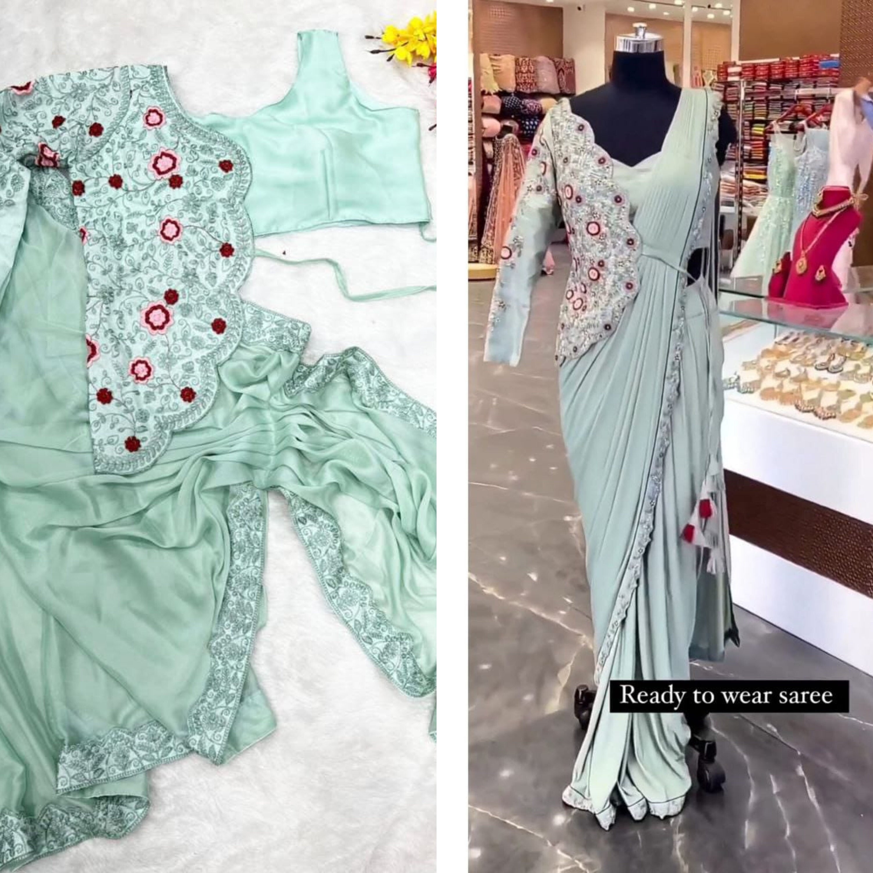 Ready to Wear Saree With Embroidery Saree With Half Koti Design ...