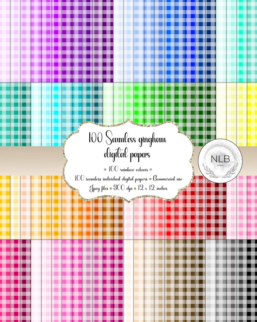 100 Gingham Digital Paper, Digital, Seamless, Rainbow, Paper, Scrapbook ...