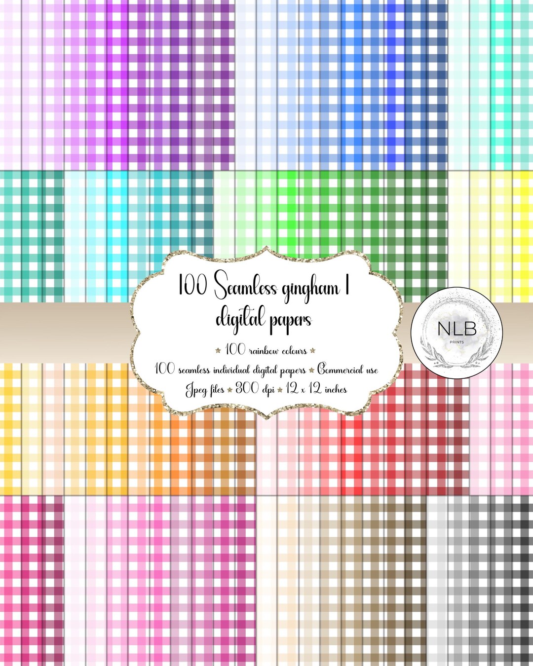 100 Gingham 1 Digital Paper, Digital, Seamless, Rainbow, Paper ...