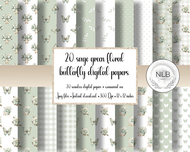 20 Seamless Sage Green Floral Butterfly Digital Paper - Etsy
