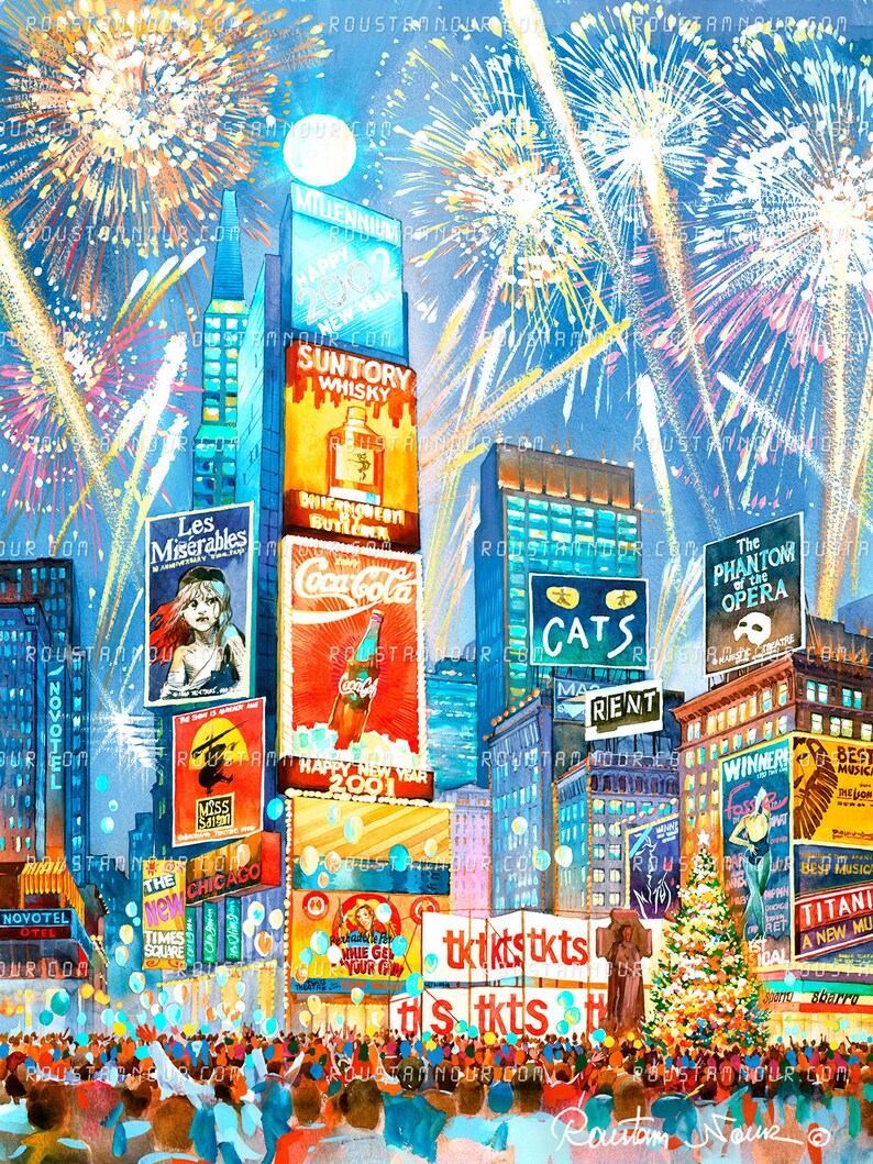 Times Square New Year's Eve Ball Drop New York Fireworks. Print From an ...