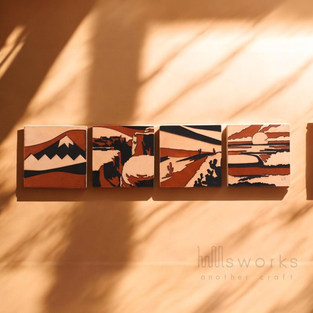 Handcrafted Leather Landscape Wall Art: USA Home Decor, Set of 4 - Etsy