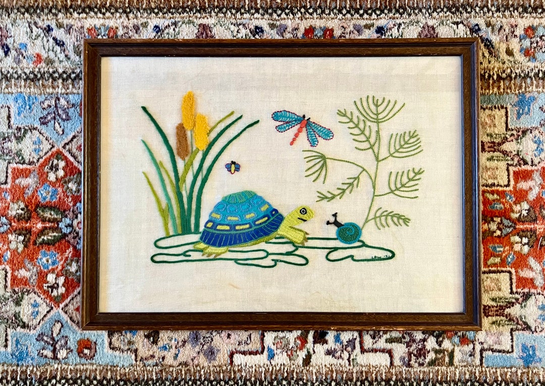 Large Vintage Framed Needlepoint Turtle Scene - Etsy