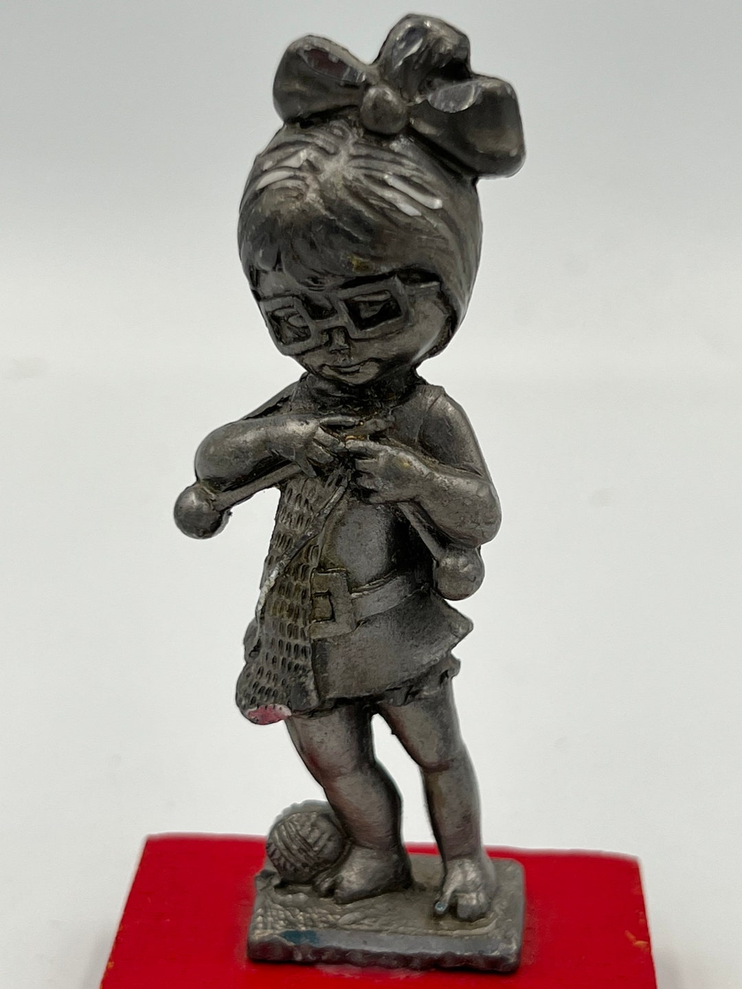 Vintage Pewter Statue Girl Knitting - Etsy