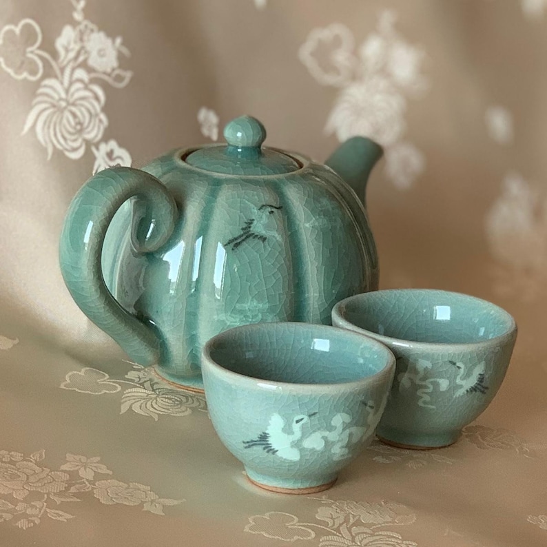 Korean Celadon Melon-shaped Tea Set (dagi): Inlaid Cranes and Cloud ...
