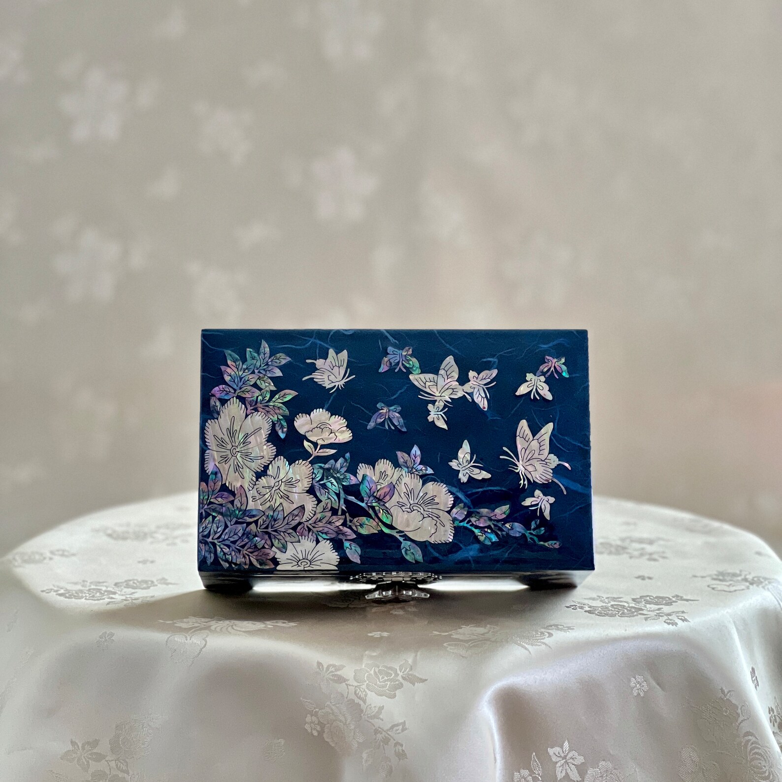Korean Mother of Pearl Jewelry Box: Butterfly and Plum Blossom Motif on ...