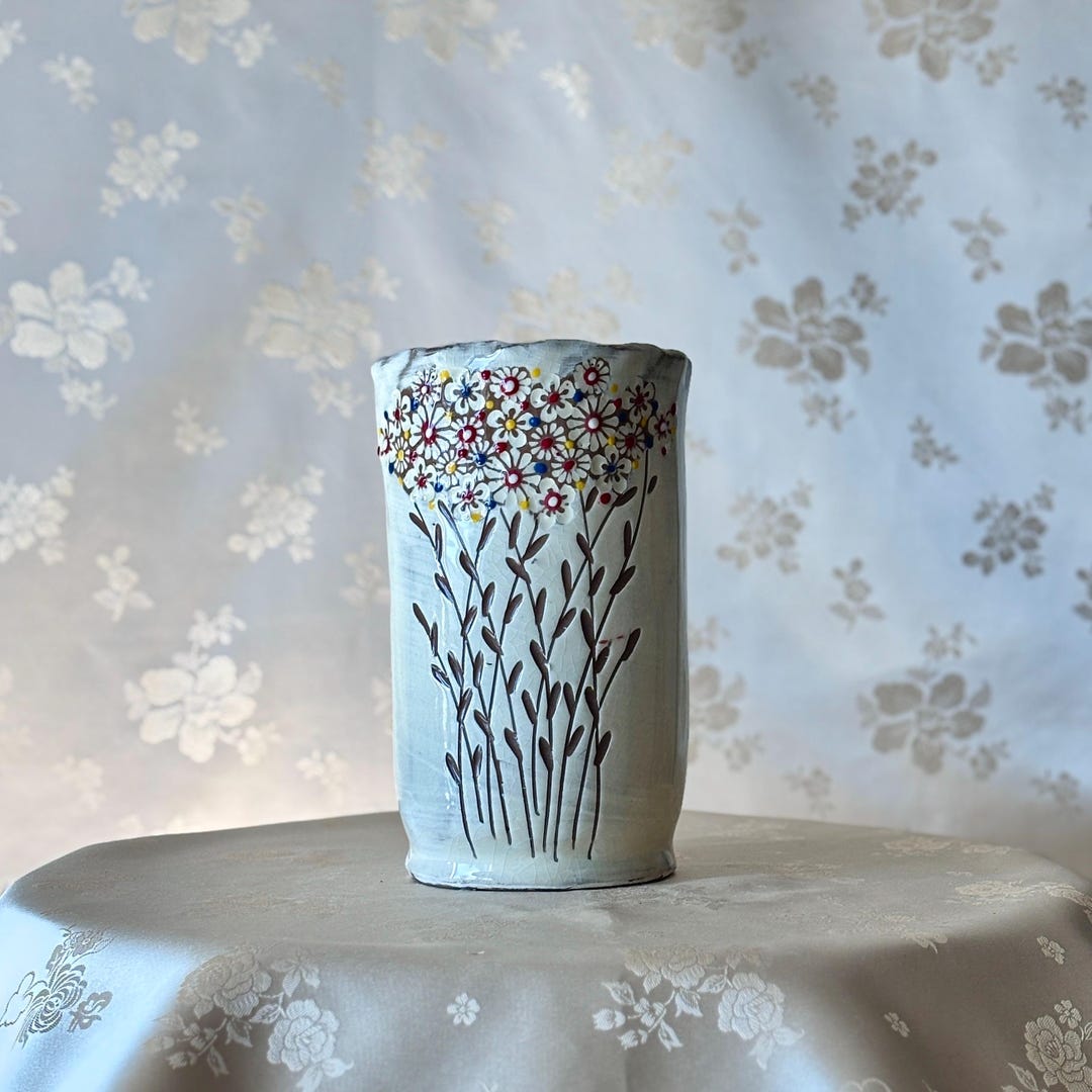 Earthy Korean Handmade Buncheong White Inlay Vase With Chrysanthemum ...