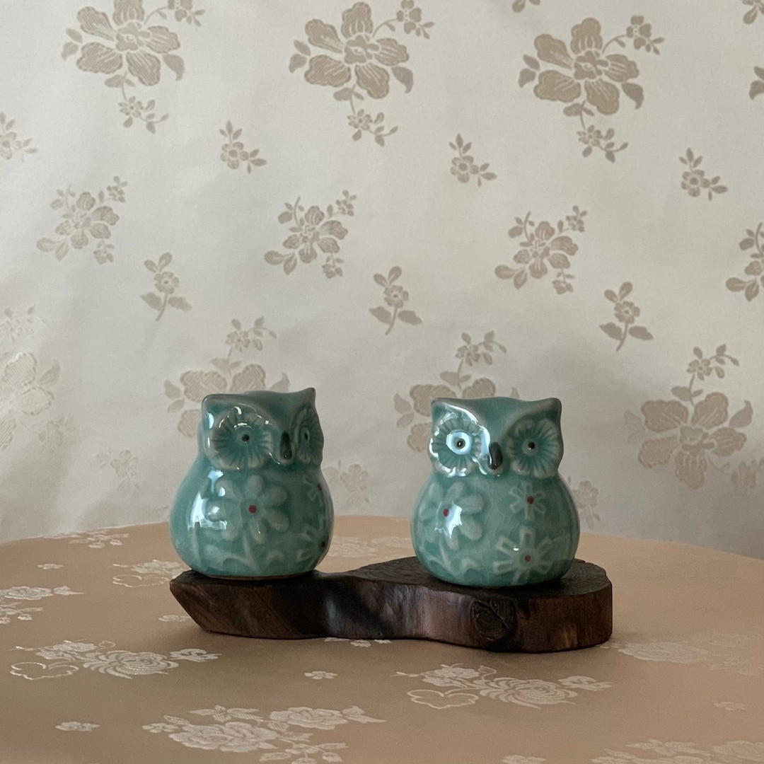 Korean Traditional Handmade Celadon Mini Owls Set With Flower Pattern ...