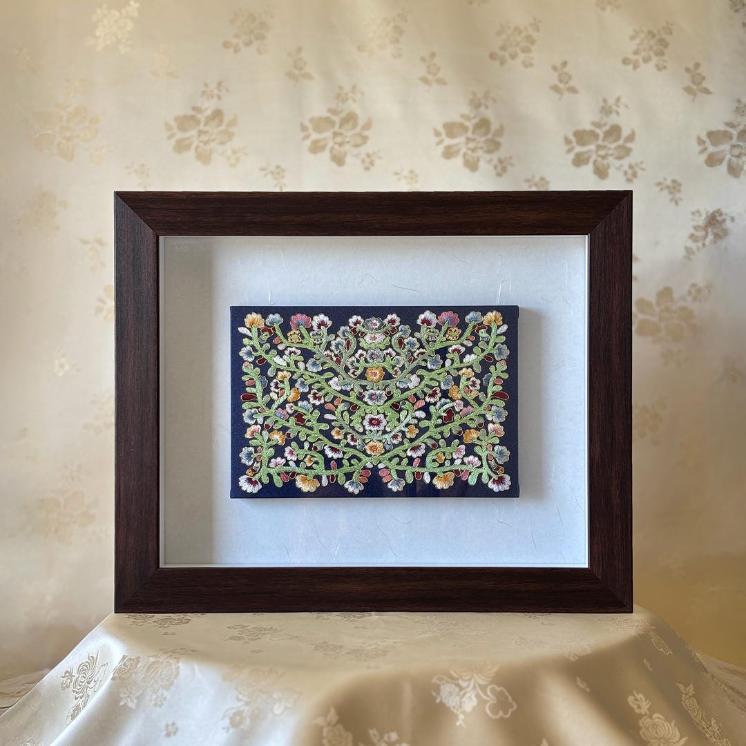 Korean Traditional Handmade Craft Embroidery With Vine Pattern on Navy ...