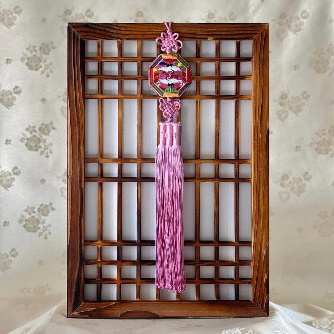 Korean Traditional Handmade Pink Norigae With Double Cranes Pattern and ...