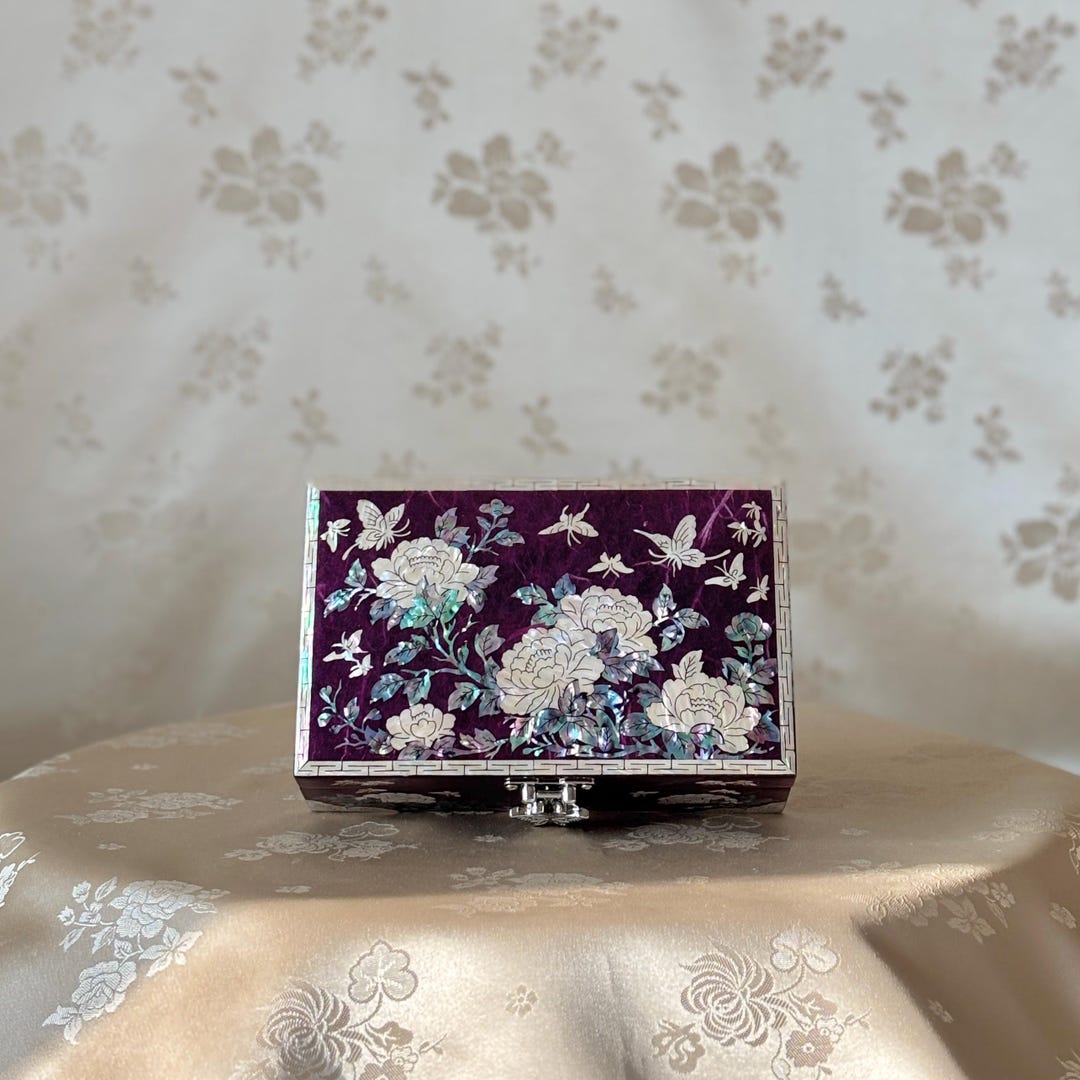 Korean Mother of Pearl Jewelry Box: Peony and Butterfly on Purple Hanji ...