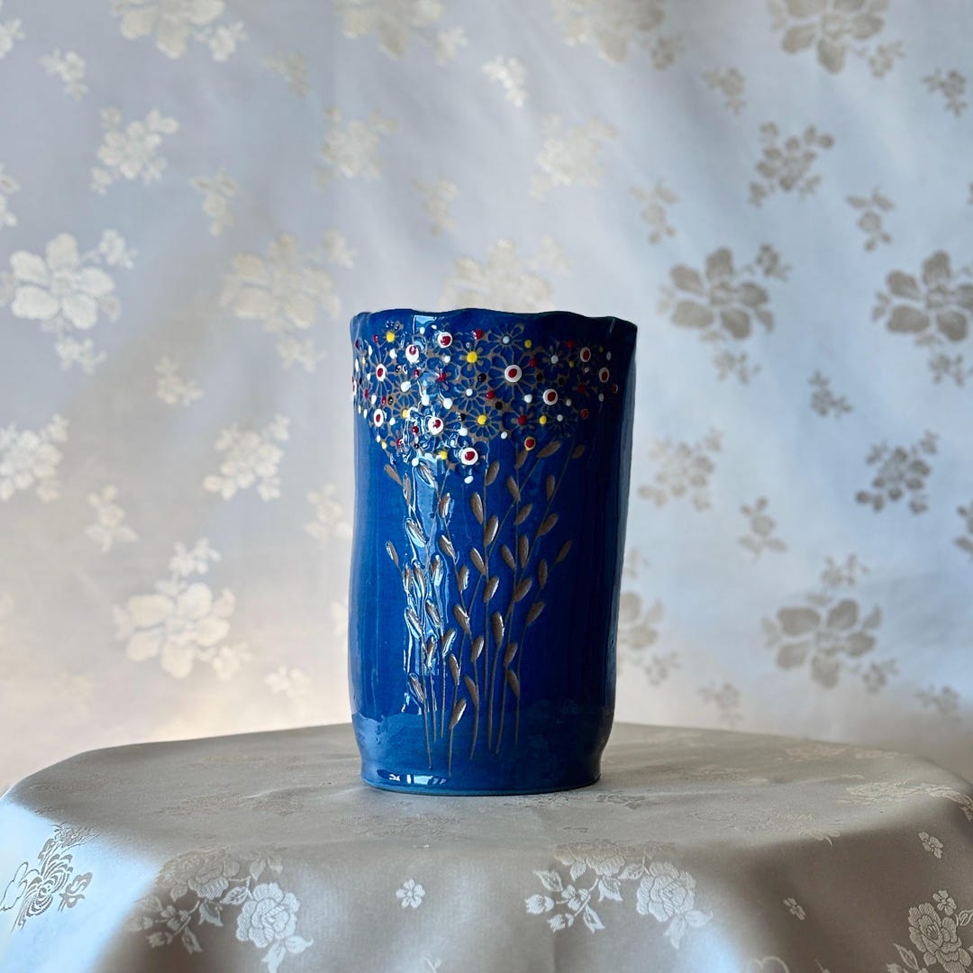 Earthy Korean Handmade Buncheong White Inlay Vase With Chrysanthemum ...