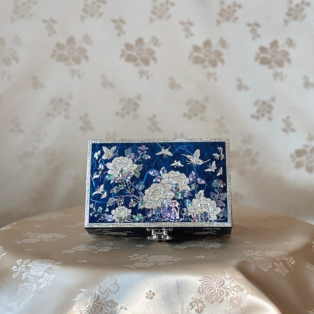 Korean Mother of Pearl Navy Hanji Layered Jewelry Box With Peony and ...