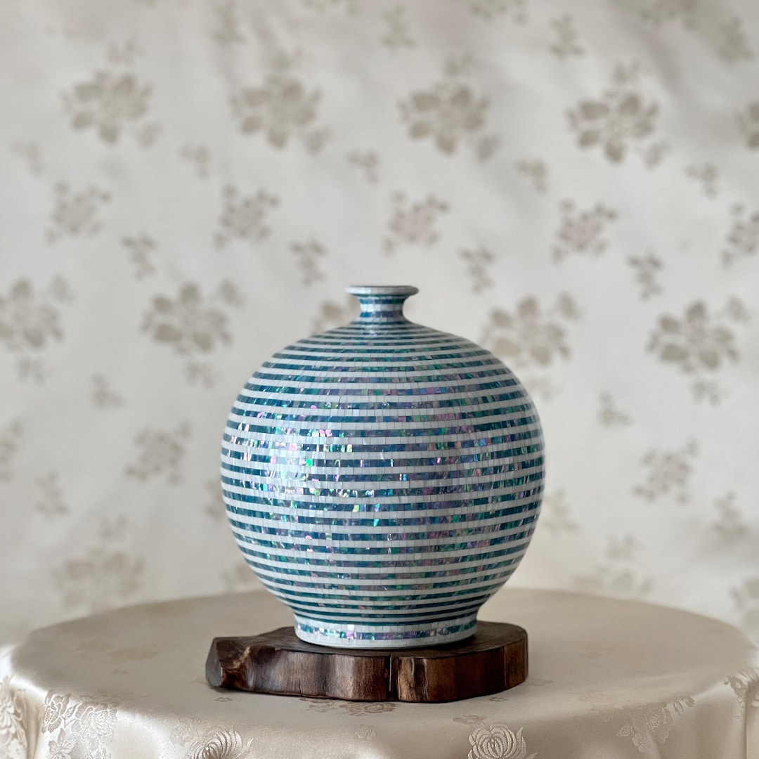 Korean Mother of Pearl Ceramic Vase With Striped Design in Chi-pae ...