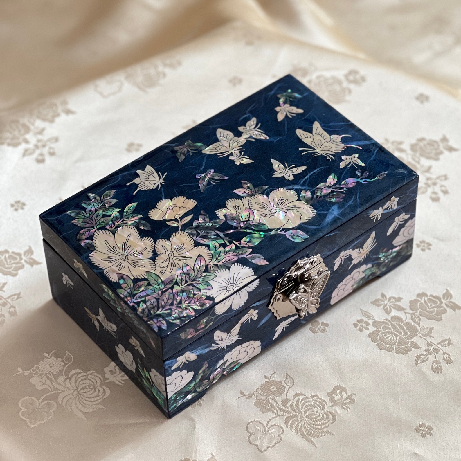 Korean Mother of Pearl Jewelry Box: Butterfly and Plum Blossom Motif on ...