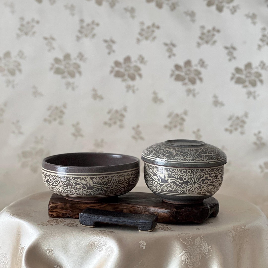 Korean Buncheong Two Bowls Set: Inlaid Crane and Chrysanthemum Motif ...