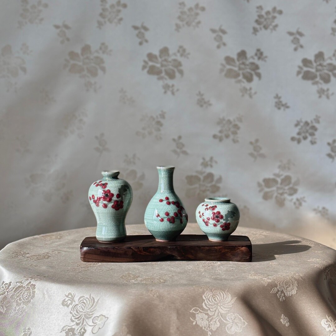 Korean Celadon Miniature Vase Set: Inlaid Plum Blossom Motif on a ...